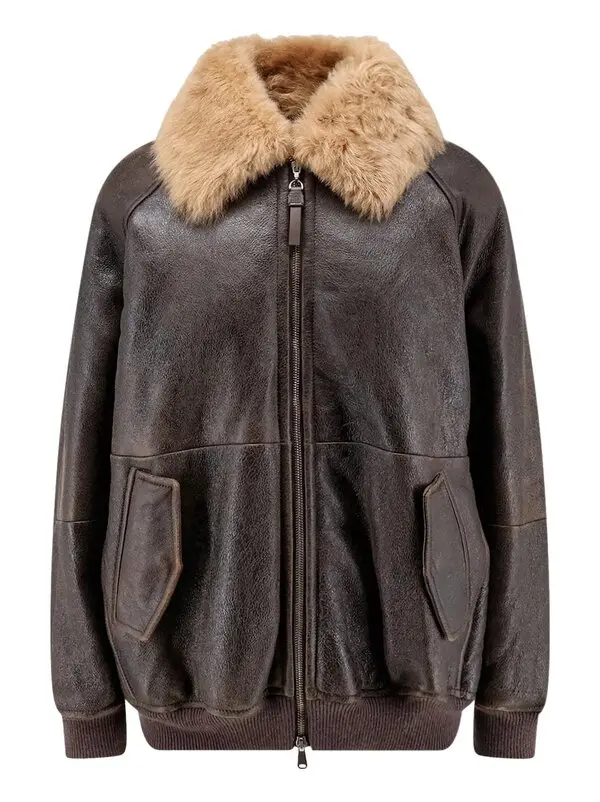 Brunello Cucinelli Leather Jacket With Shearling Collar - Multicolor