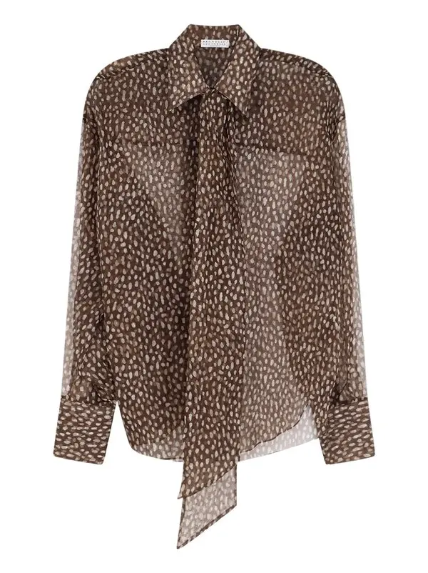 Brunello Cucinelli Sheer Silk Printed Long Sleeve Shirt With Bow Detail - Multicolor