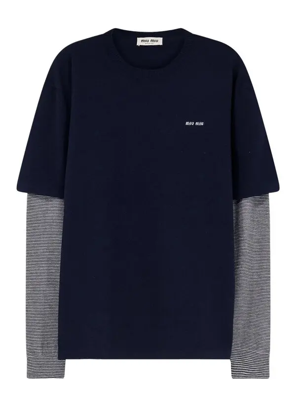 Miu Miu Blue Virgin Wool, Cashmere, And Silk Blend Crew Neck Sweater - Multicolor