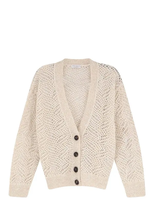 Brunello Cucinelli Mohair Blend Cardigan With Dazzling Motif - Cream