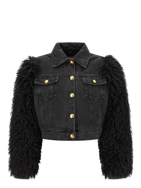 TWINSET Denim Jacket With Shearling Sleeve Trim - Black