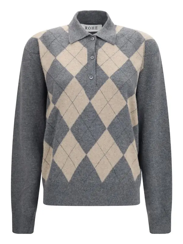 RÓHE Ballantyne Argyle Ribbed Polo Top - Black