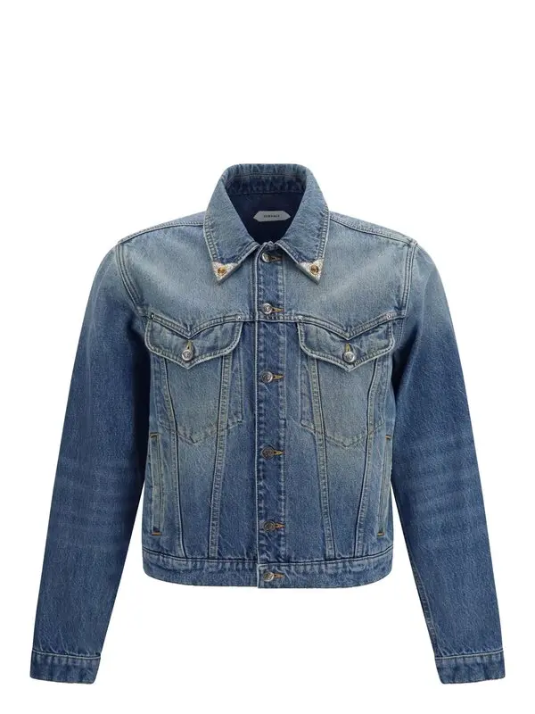 Versace Stonewashed Denim Jacket With Medusa Embellishments - Light Blue