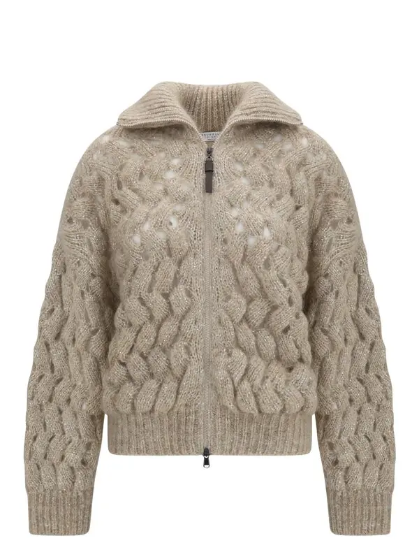 Brunello Cucinelli Mohair And Wool Blend Cardigan With Sequin Details - Beige