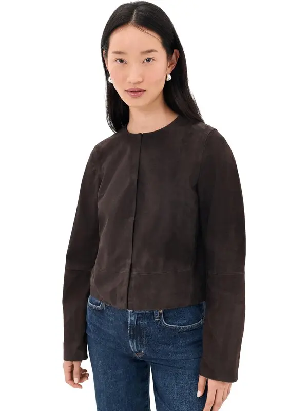 Vince Collarless Cropped Suede Jacket - Iron