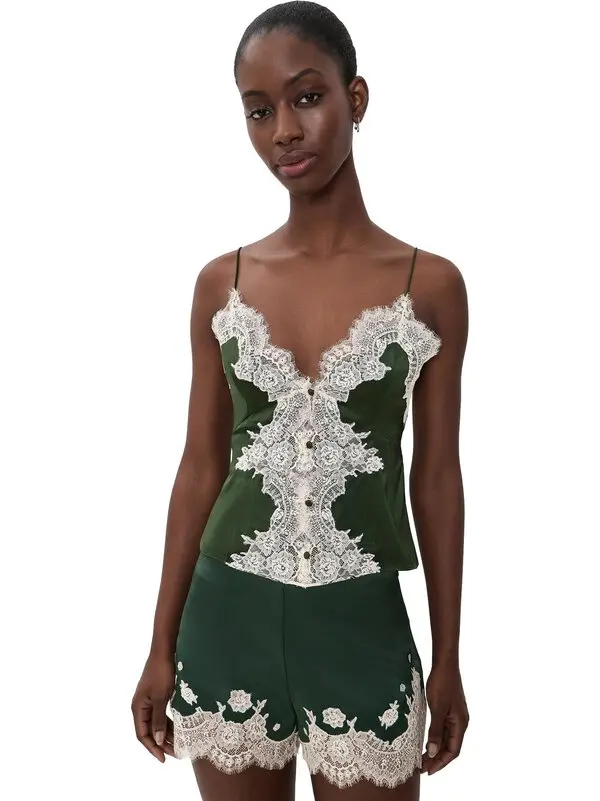 Alice + Olivia Julietta Cutaway Lace Slip Top - Dark Fern