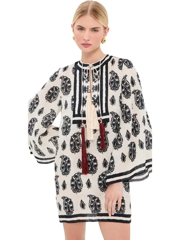 Johanna Ortiz Paisley Print Tunic Dress With Bell Sleeves - Ecru/black