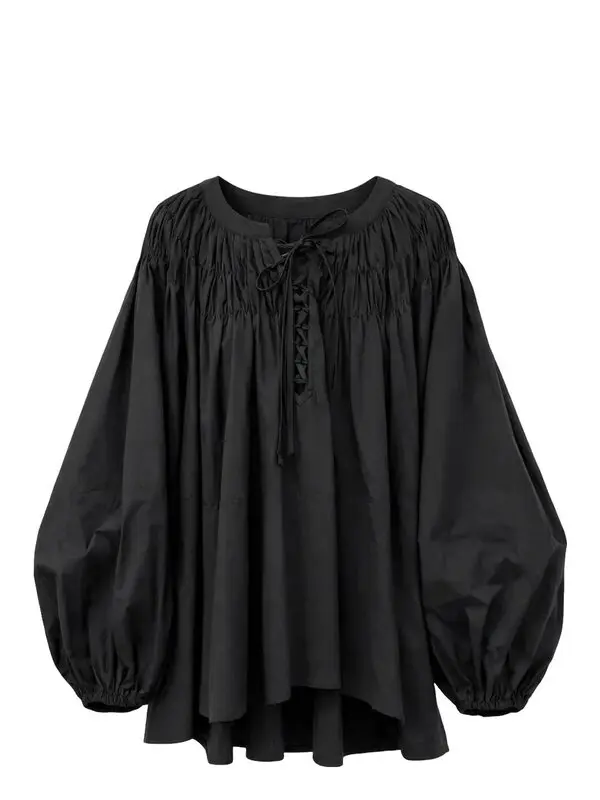 MUTE BY JL Gathered Cotton Blouse With Tie Neck - Black