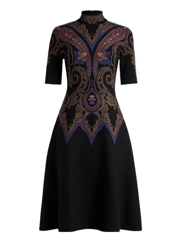 Etro Short-sleeved High-neck Dress With Paisley Print - Black