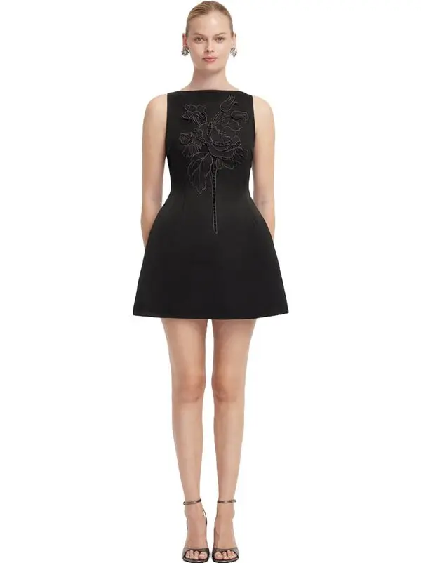 LEO LIN Ali Appliqué Boat Neck Mini Dress - Ebony