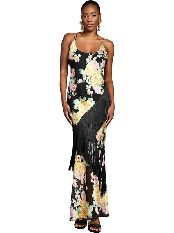 Coast Strappy Floral Fringe Maxi Dress - Black