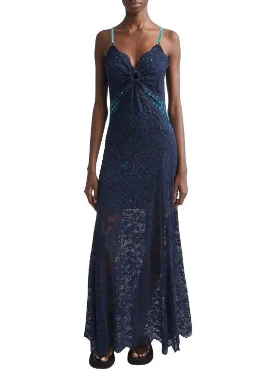 Rabanne Embroidered Stretch Lace Maxi Dress - Deep Navy