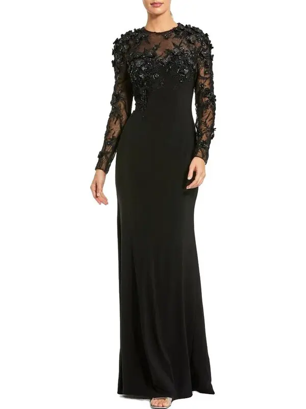 Mac Duggal Petite Jersey Long Sleeve Fitted Gown - Black