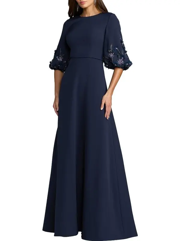 Mac Duggal Beaded Crepe Bishop Sleeve A Line Gown - Midnight Multi