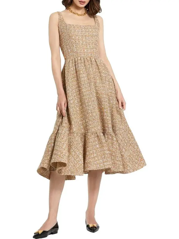 Mac Duggal Boucle Sleeveless A-line Midi Dress - Latte Multi