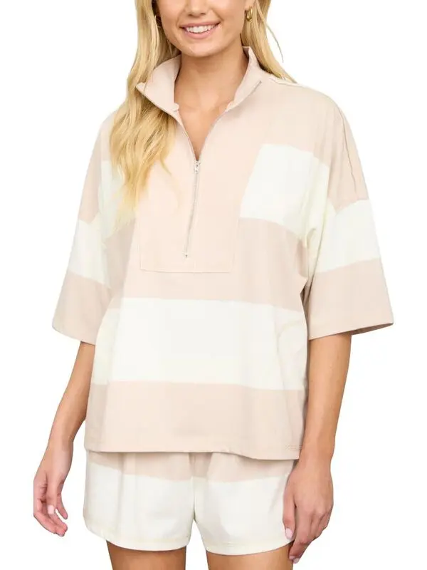 J.O.A. Stripe Half Zip Top & Shorts Set - Khaki