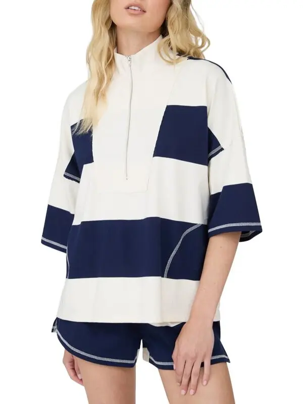 J.O.A. Stripe Half Zip Top & Shorts Set - Navy