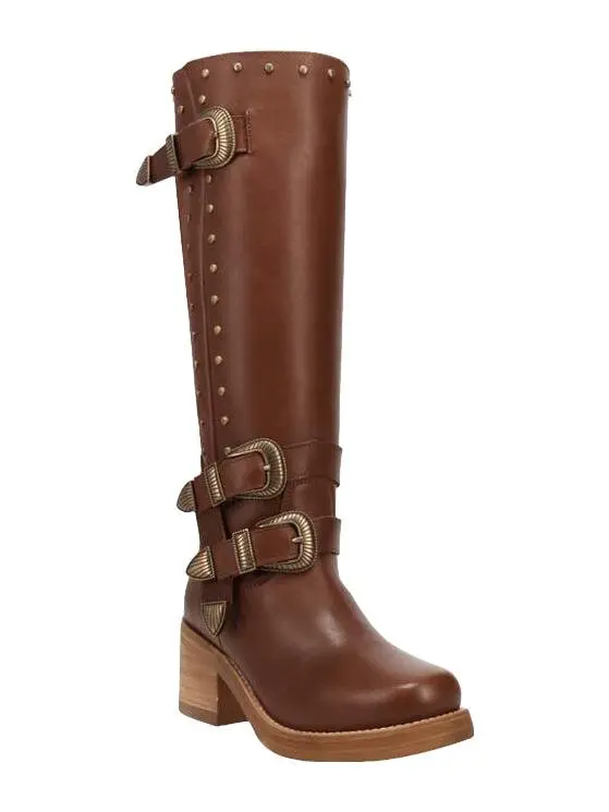 DINGO Fillmore Studded Knee High Boots With Buckle Hardware - Brown