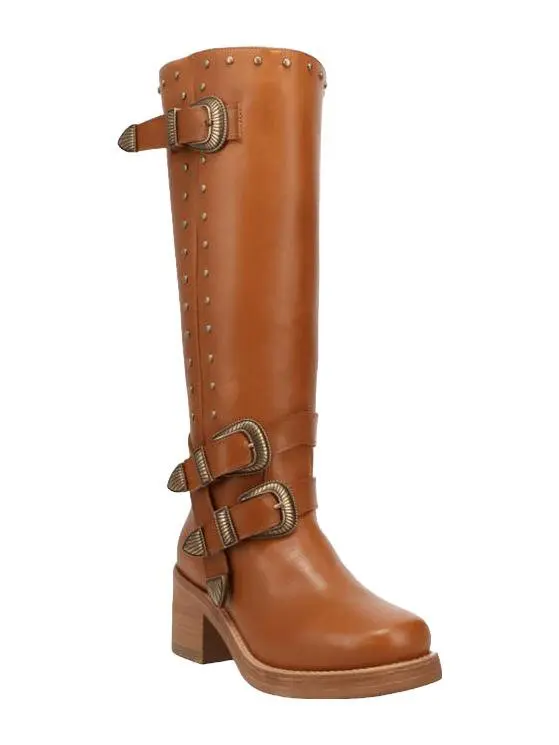 DINGO Fillmore Studded Knee High Boots With Buckle Hardware - Tan