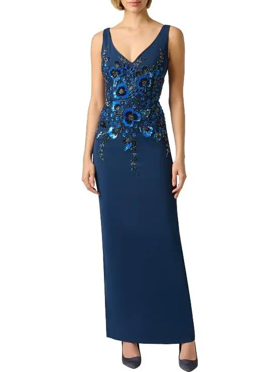 Adrianna Papell Beaded Crepe Column Gown - Light Navy