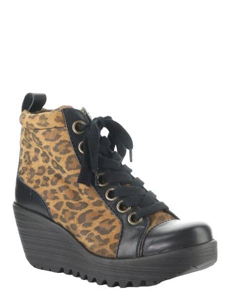 Fly London Lace Up Wedge Bootie - Black/camel