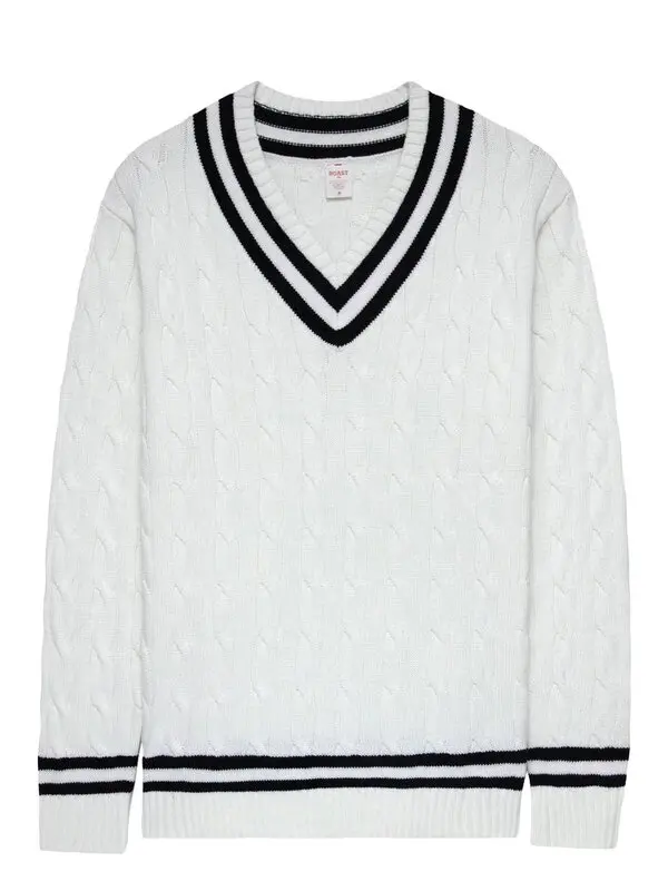 Boast Cable-knit V-neck Sweater With Striped Details - White Navy