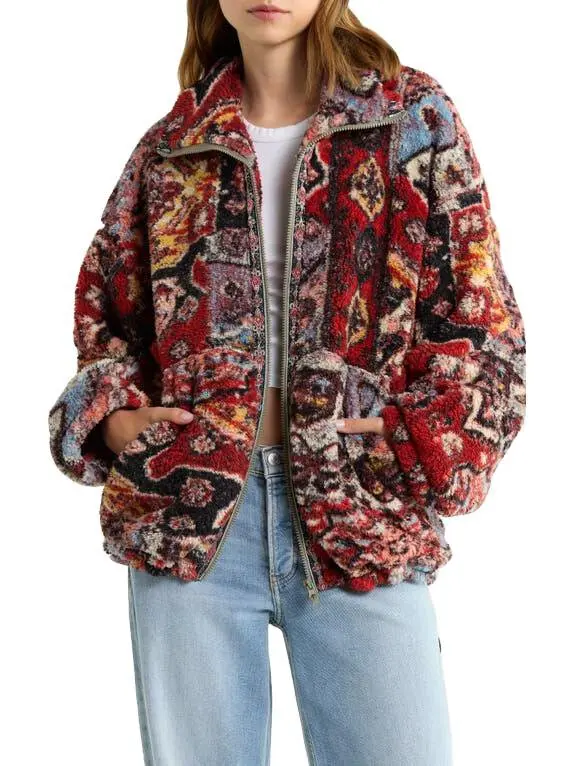 BDG URBAN OUTFITTERS Mae Print Fleece Zip Front Sweatshirt - Red