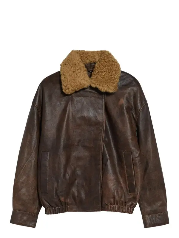 R13 Leather Bomber Jacket With Removable Genuine Shearling Collar - Brown