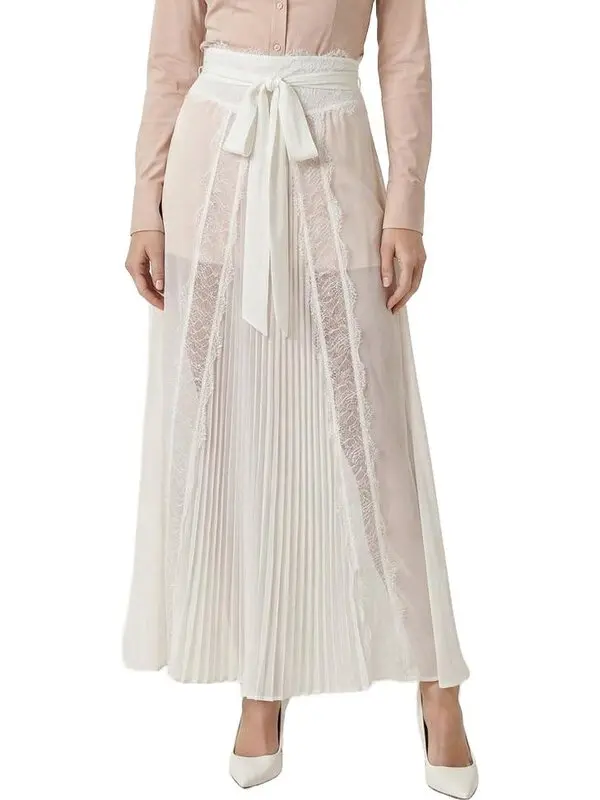 MODENAIRE Sheer Lace Panel Pleated Maxi Skirt - Ivory