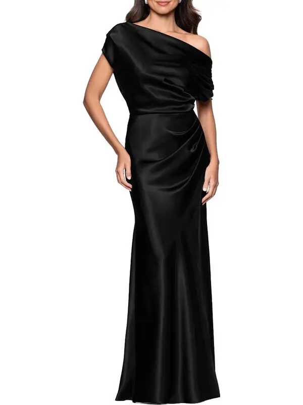 Betsy & Adam One-shoulder Satin Gown - Black