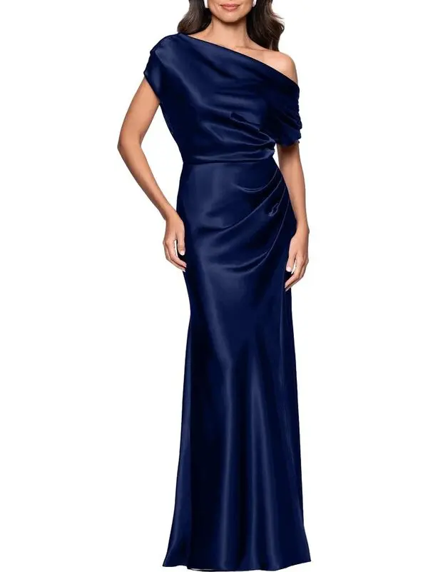Betsy & Adam One-shoulder Satin Gown - Navy