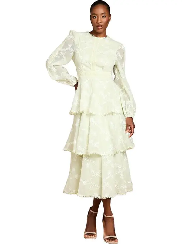 Coast Long Sleeve Embroidered Lace Tiered Midi Dress - Sage