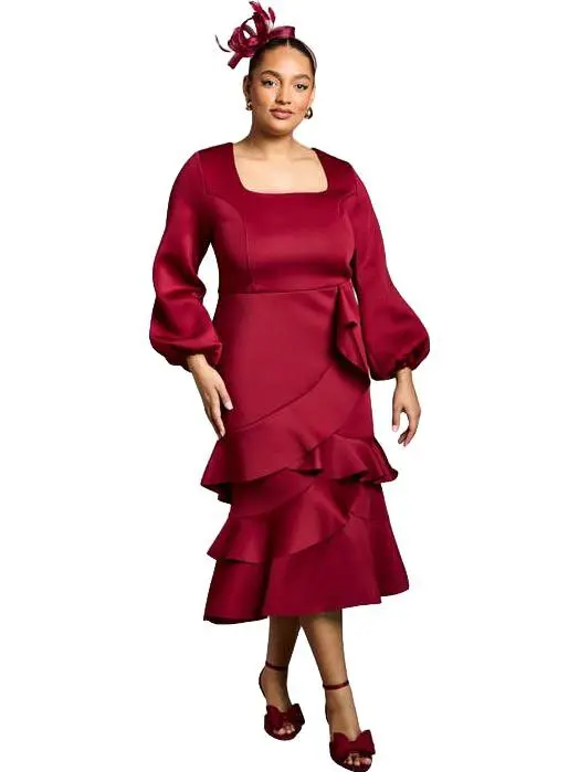 Coast Plus Square Neck Balloon Sleeve Ruffle Midi Dress - Berry
