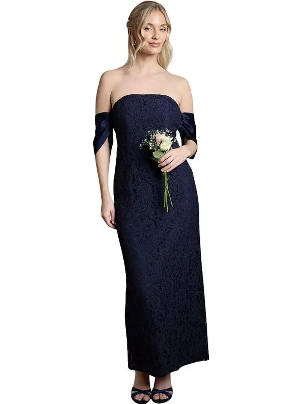 Coast Bardot Neck Short Sleeve Lace Maxi Dress - Navy