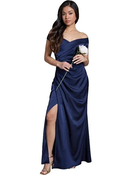 Coast Petite Bardot Maxi Dress With Draped Waist - Navy