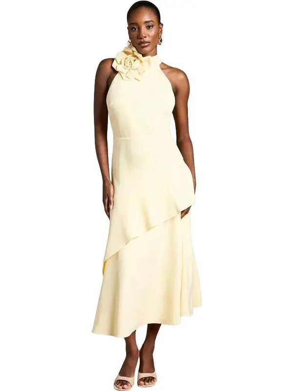 Coast High Neck Corsage Midi Dress - Lemon