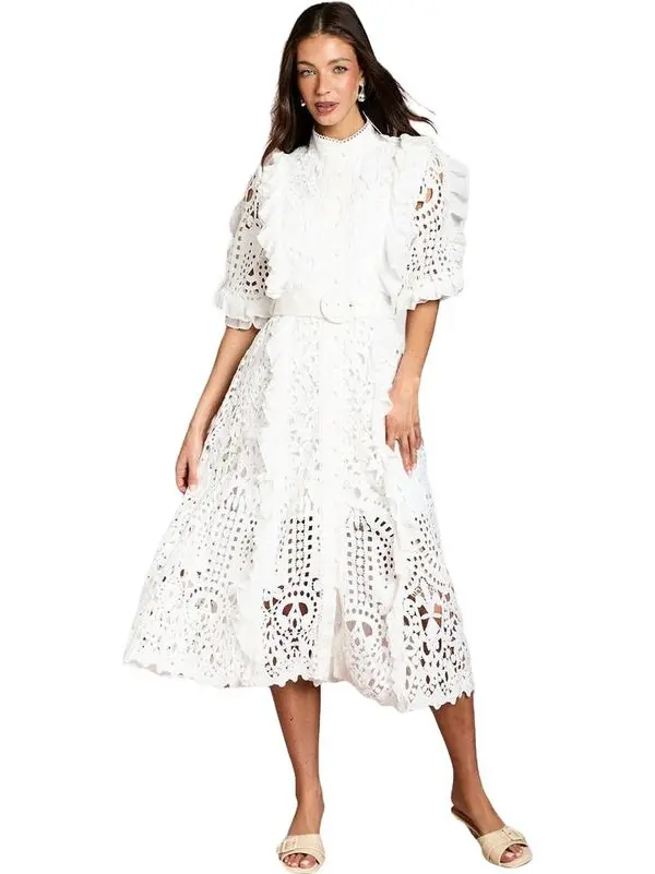 Coast Lace Ruffle Belted Shirt Dress - White