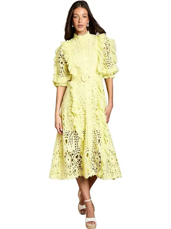Coast Lace Ruffle Belted Shirt Dress - Yellow