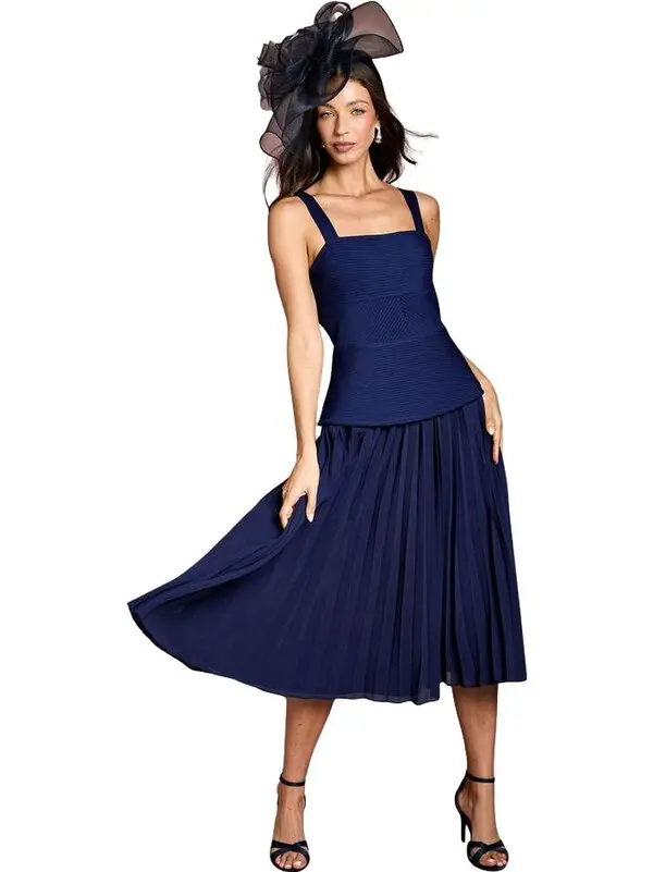 Coast Bandage Square Neck Pleated Midi Dress - Navy