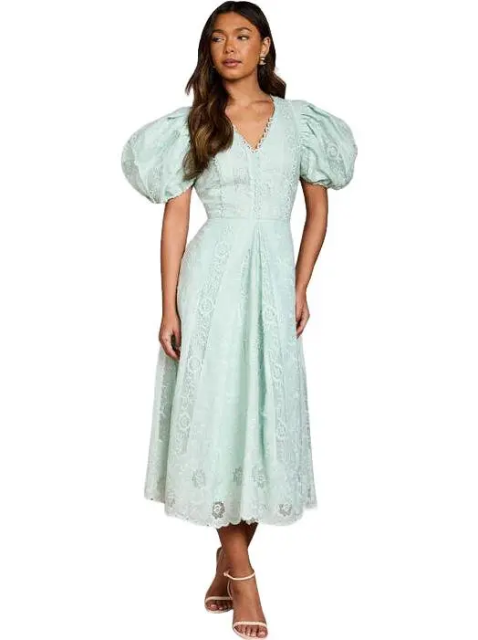 Coast Lace Puff Sleeve V-neck Midi Dress - Mint