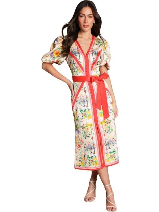 Coast Satin Scarf Print V-neck Midi Dress With Puff Sleeves And Belted Waist - Ivory