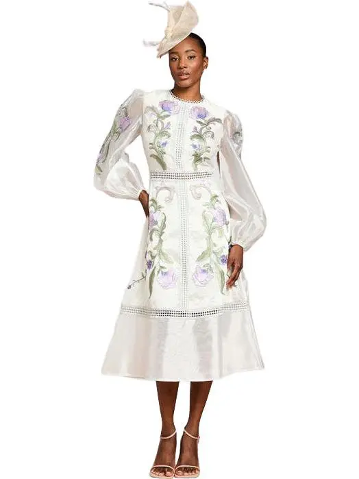 Coast Embroidered Blouson Sleeve Midi Dress - Light Blue