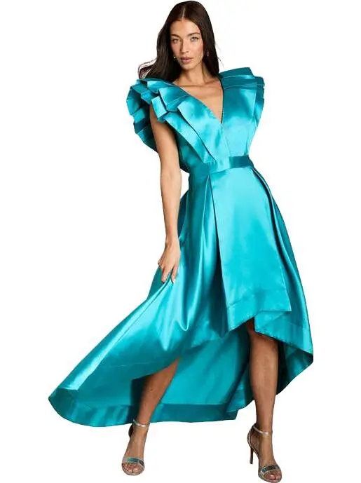 Coast V-neck High-low Midi Dress With Architectural Frill Sleeves - Teal