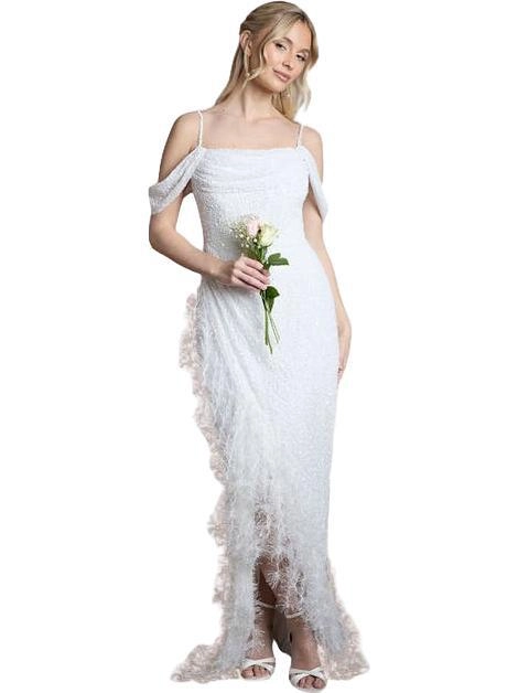 Coast Bardot Neck Feather Trim Maxi Dress - Ivory