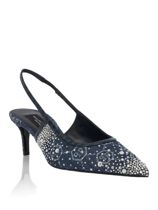 Philipp Plein Denim Mid Heels Slingbacks Monogram Strass - Lightblue