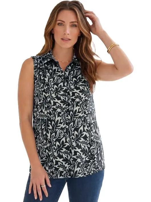Roaman's Sleeveless Button-down Shirt - Black