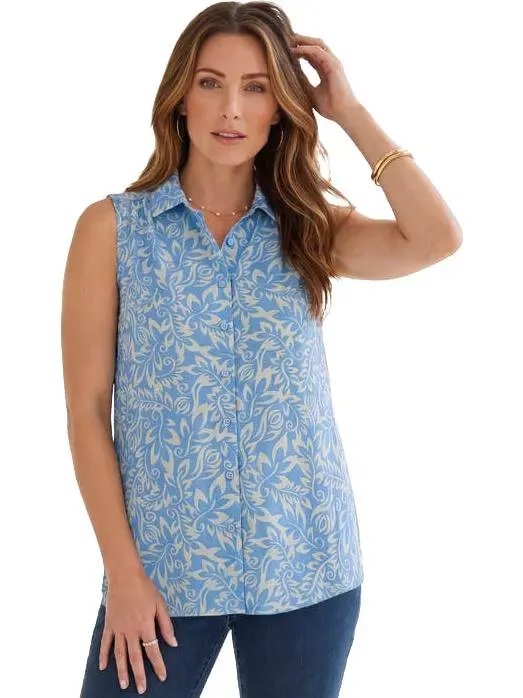 Roaman's Sleeveless Button-down Shirt - Blue Leaf Print