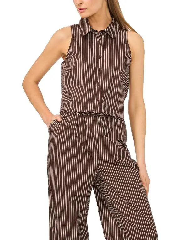 Halogen Striped Sleeveless Button-up Shirt - Chicory Coffee