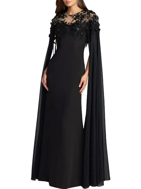 Mac Duggal Embellished Chiffon Cape Gown - Black