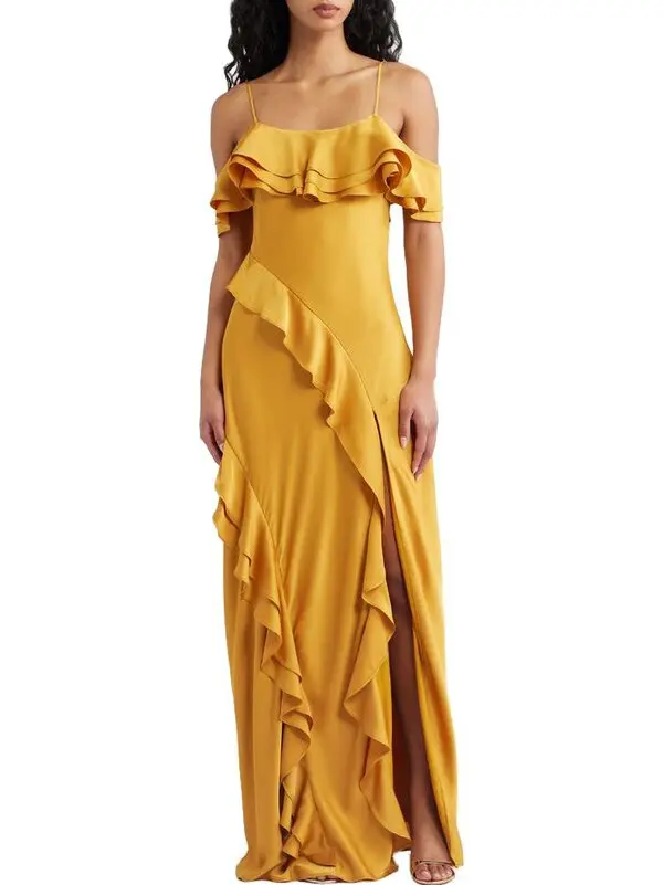 Lulus Aviva Cold Shoulder Maxi Dress With Ruffles And Slit - Marigold